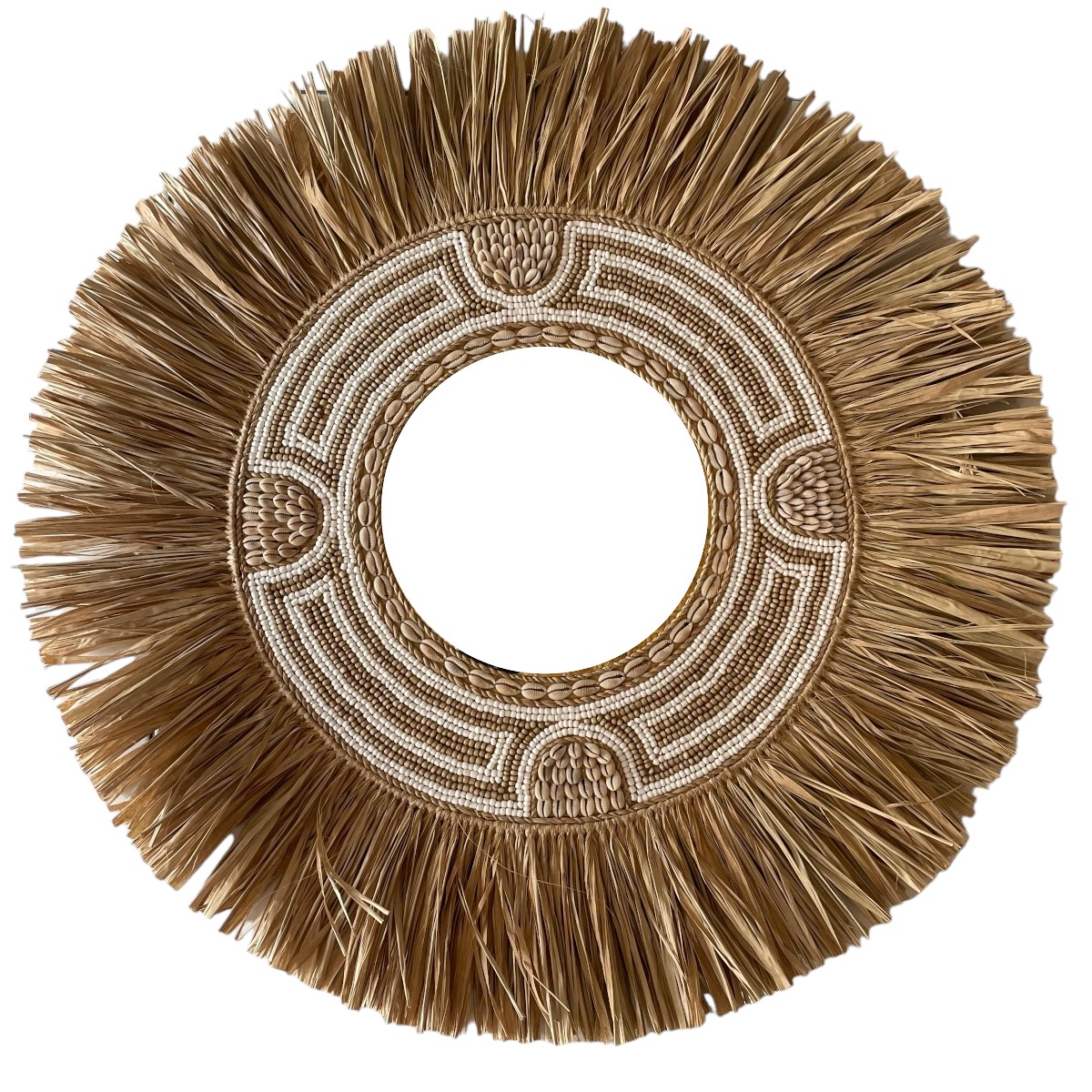 Raffia mirror with cowrie shell and bead decoration - Java Art